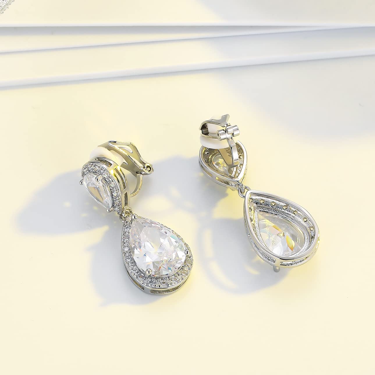 SELOVO Bridal Teardrop Earrings Dangle Drop Clip Earrings Clear Cubic Zirconia Silver Tone