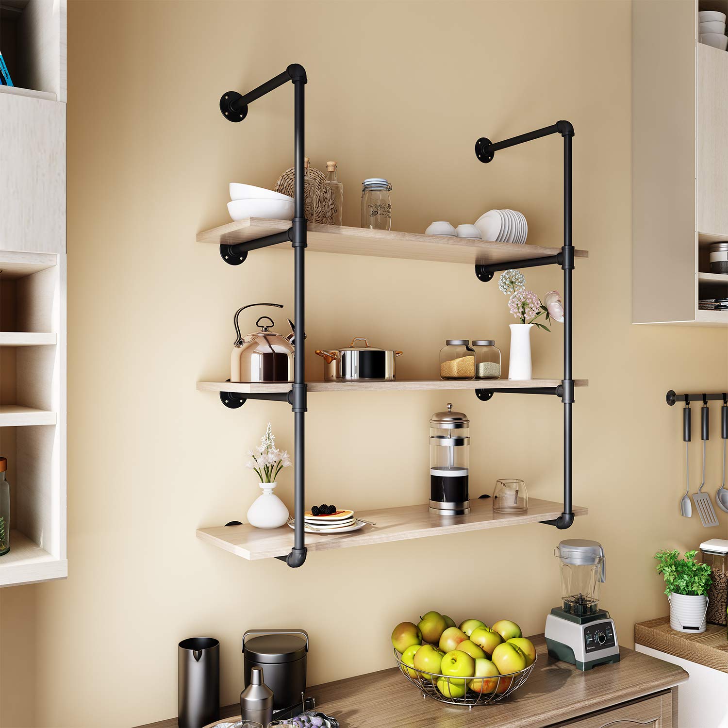 REYADE Industrial Iron Pipe Shelf (2PCS, 40" Tall), 4 Tier Wall Mount Shelf Bracket, Vintage Floating Shelving Unit, Open Bookshelf, DIY Storage Display Rack for Home Kitchen Office (No Board Include)