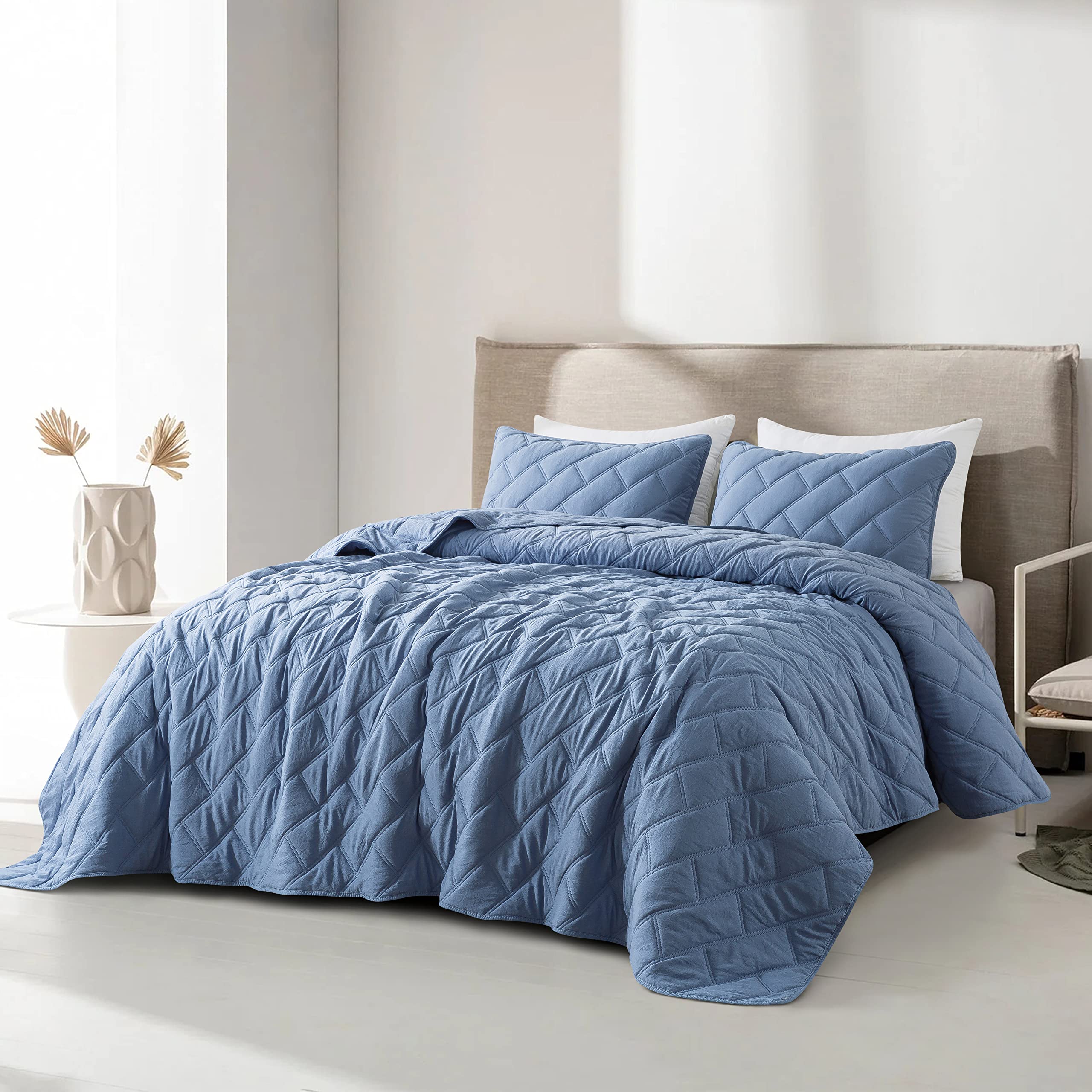 palassio Blue Quilt Queen Size Bedding Sets with Pillow Shams, Lightweight Soft Bedspread Coverlet, Quilted Thin Blanket Comforter Bed Cover for All Season Spring Summer, 3 Pieces, 90x90 inches