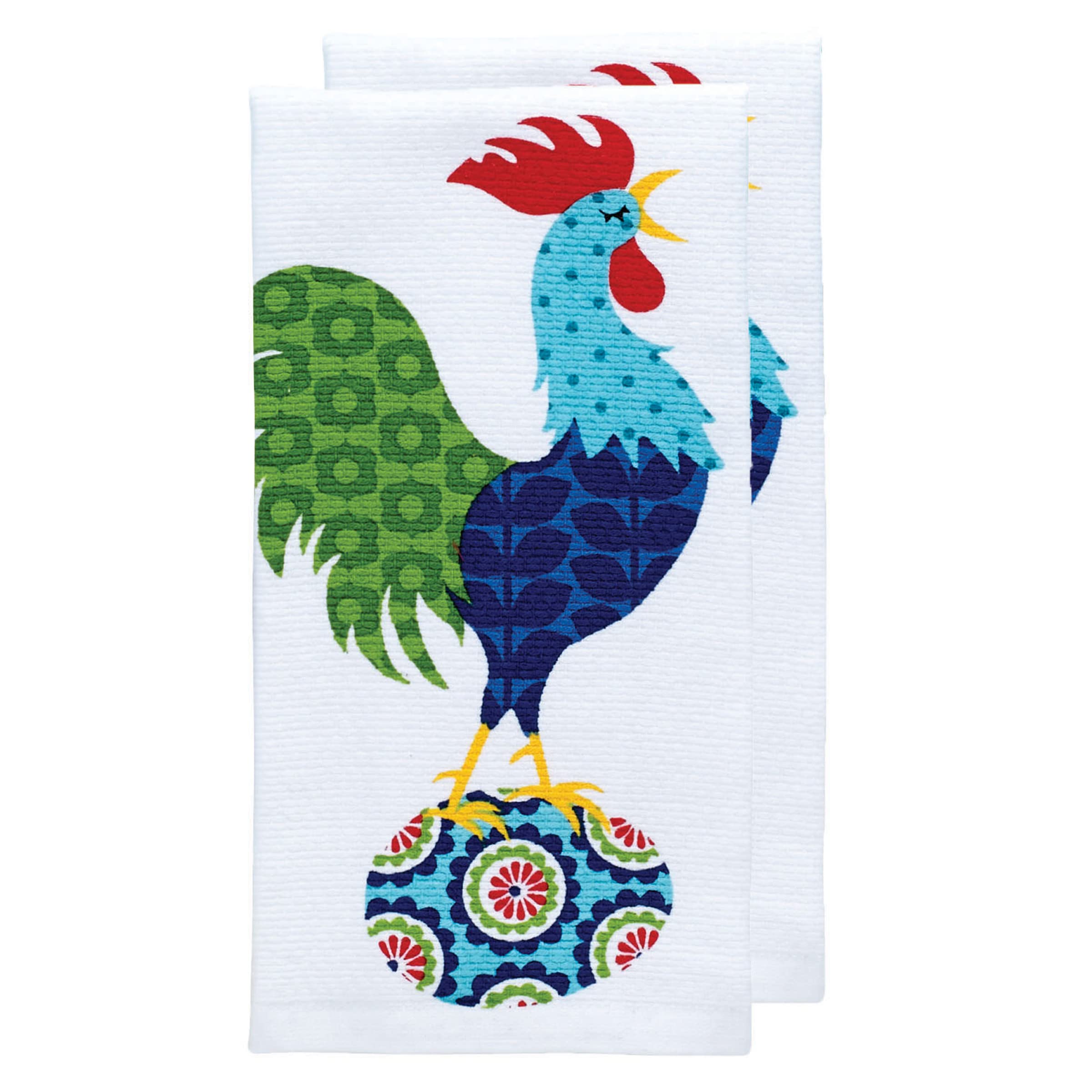 T-fal Textiles Double Sided Print Woven Cotton Kitchen Dish Towel Set, 2-pack, 16" x 26", Rooster Print