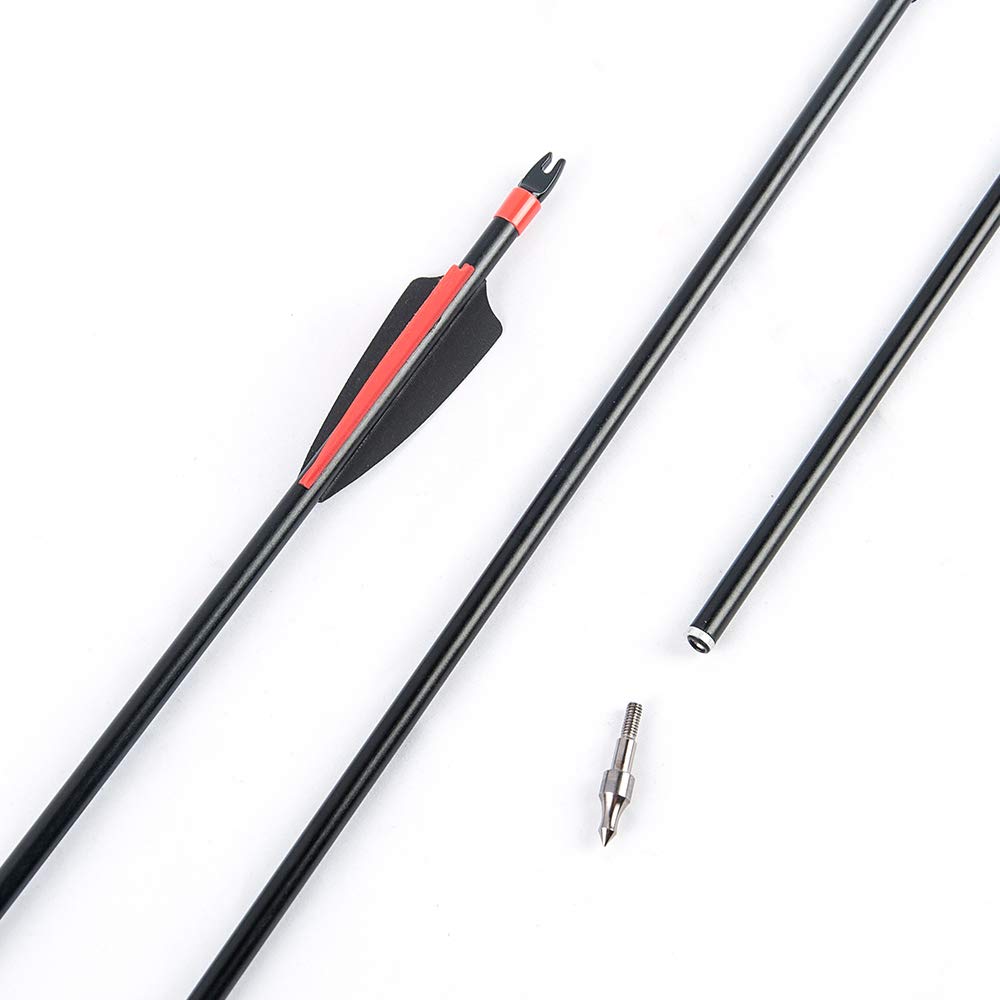 TOPOINT ARCHERY 30inch 8mm Fiberglass Hunting Practice Arrows with Replaceable Arrowhead Spine 500 for Recure and Compound Bow Target (Pack of 12) (2 Black 1 red vanes)