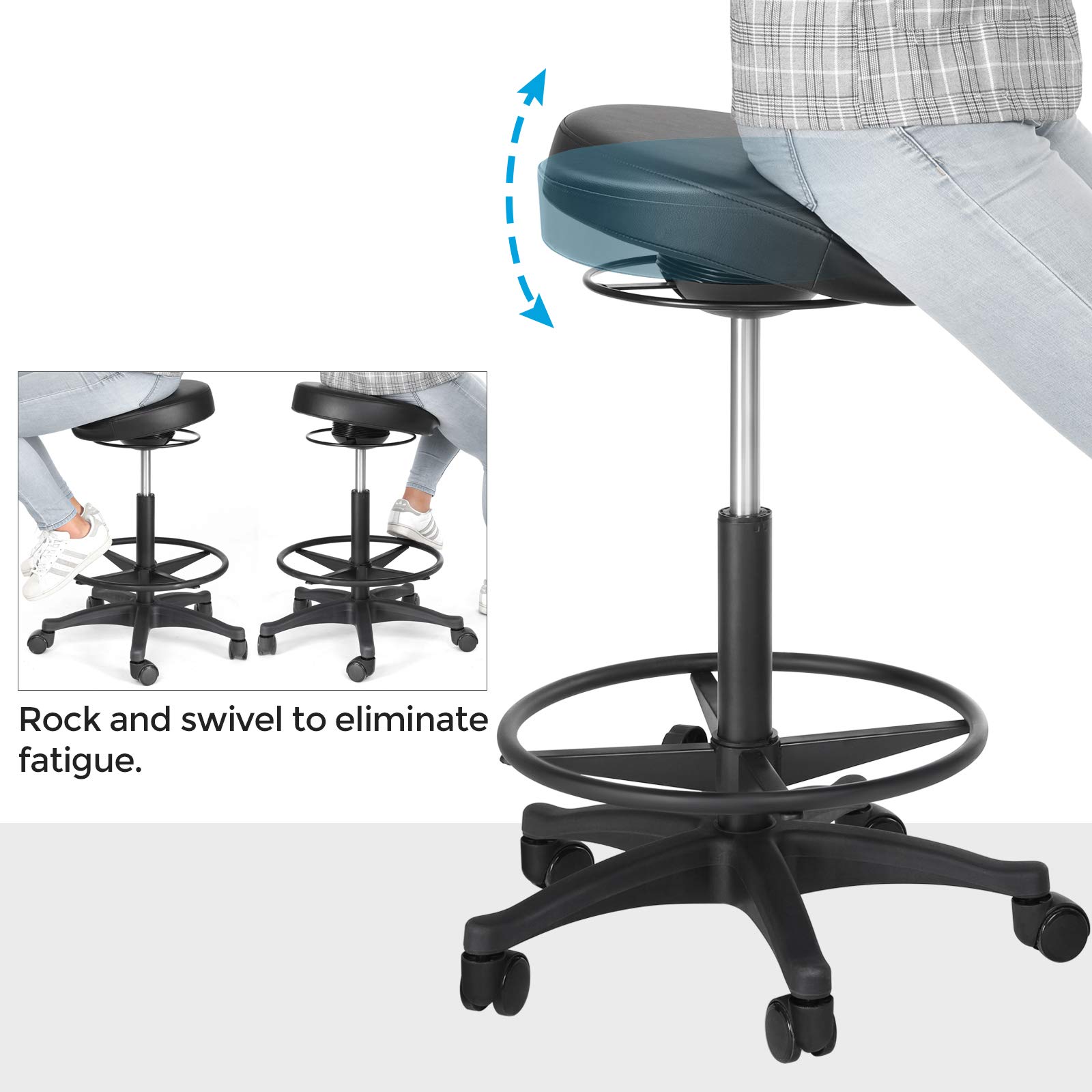 SONGMICS Office Stool Chair, Rolling Standing Stool, Ergonomic Wobble Stool with Adjustable Footrest, Swivel Adjustable Drafting Stool, 23.4-31.9 Inches, Black UOSC007B01
