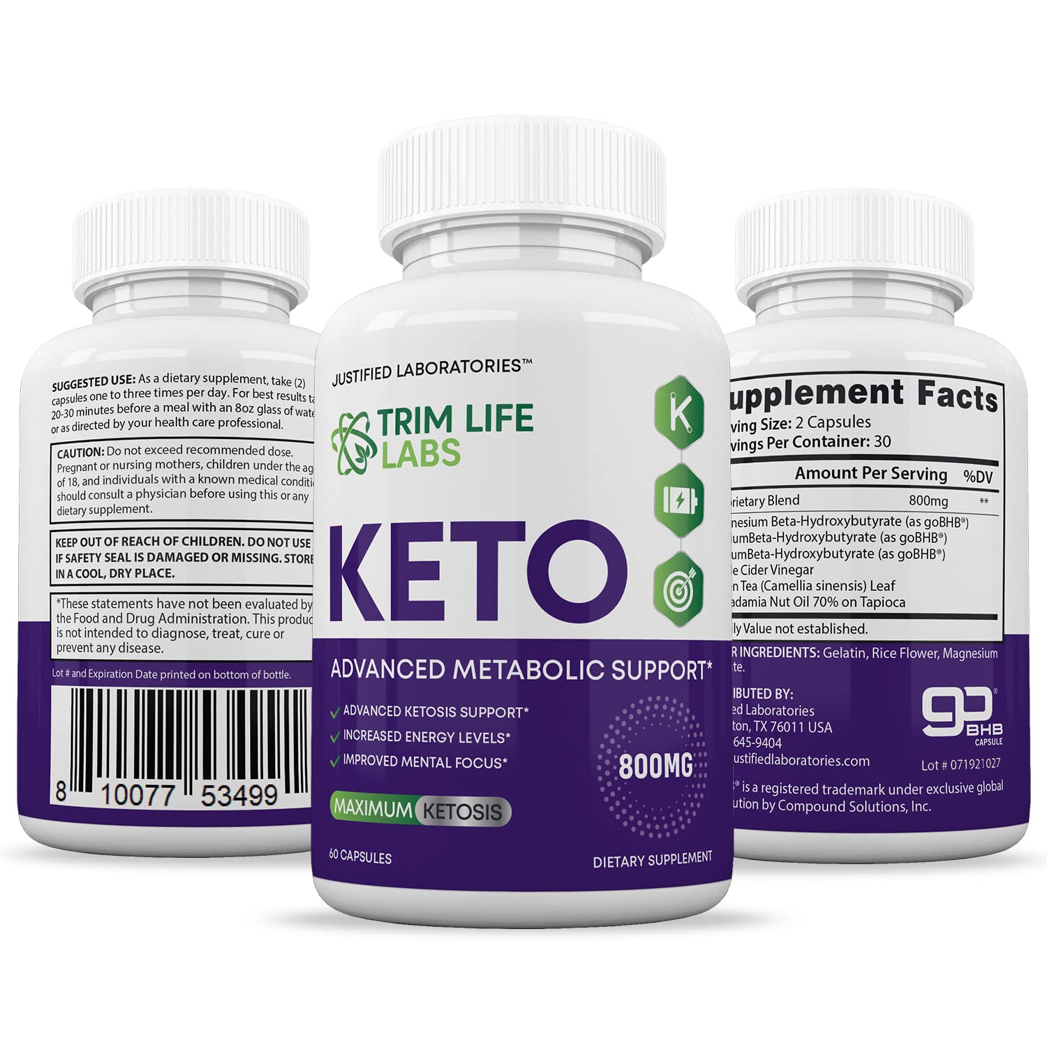 Trim Life Labs Keto Pills Includes Apple Cider Vinegar Panted goBHB® Exogenous Ketones Advanced Ketogenic Supplement Ketosis Support for Men Women 60 Capsules