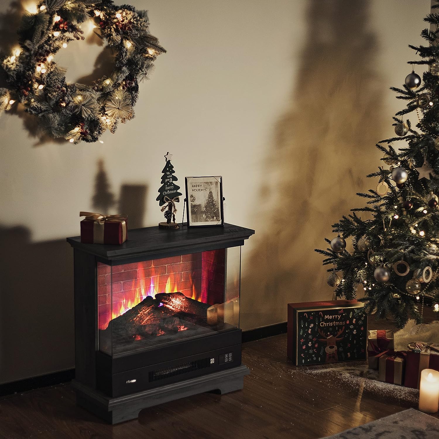 TURBRO Firelake 27 in. WiFi Electric Fireplace Heater with Sound Crackling - Freestanding Fireplace w/Mantel - 7 Adjustable Flame Effects, Overheating Protection, CSA Certified - 1400W, Black Walnut