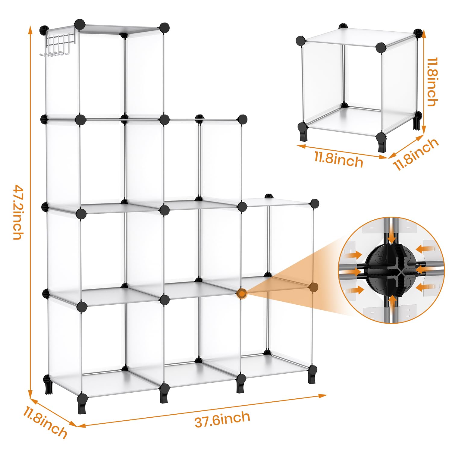 ROJASOP Cube Storage Organizer, 9-Cube Storage Shelf Bookshelf DIY Stackable Cubby Shelving with Hooks, Plastic Cube Organizer Shelf for Closet, Bedroom, Living Room, Office, Black