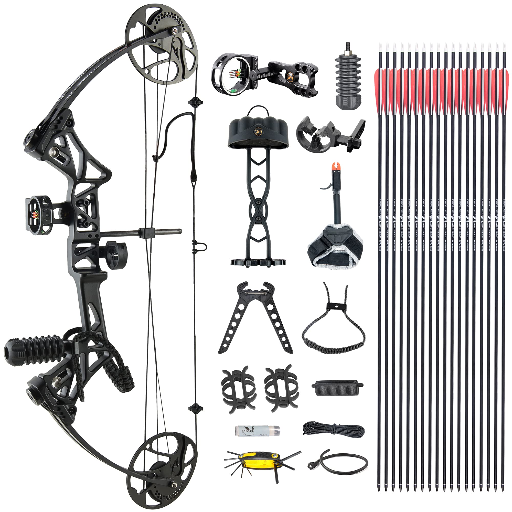 TOPOINTARCHERY M1 Compound Bow Package , 19"-30" Draw Length,19-70Lbs Draw Weight,320fps IBO Limbs Made in USA (Black)