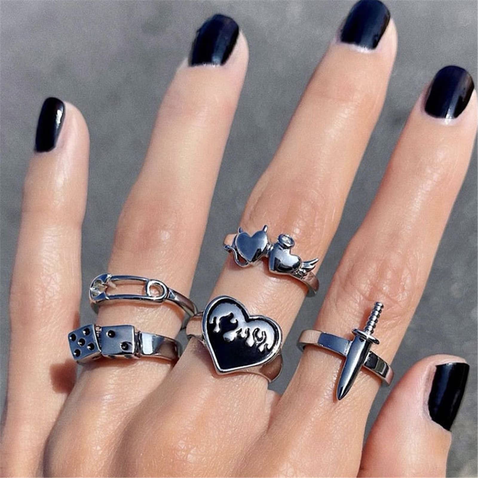 WCRAZYE 10pcs Chain Finger Rings for Women Men Adjustable Cool Punk Gothic Rings Cross Butterfly Knuckle Rings Vintage Statement Stackable Rings Set (10 Chain Rings)