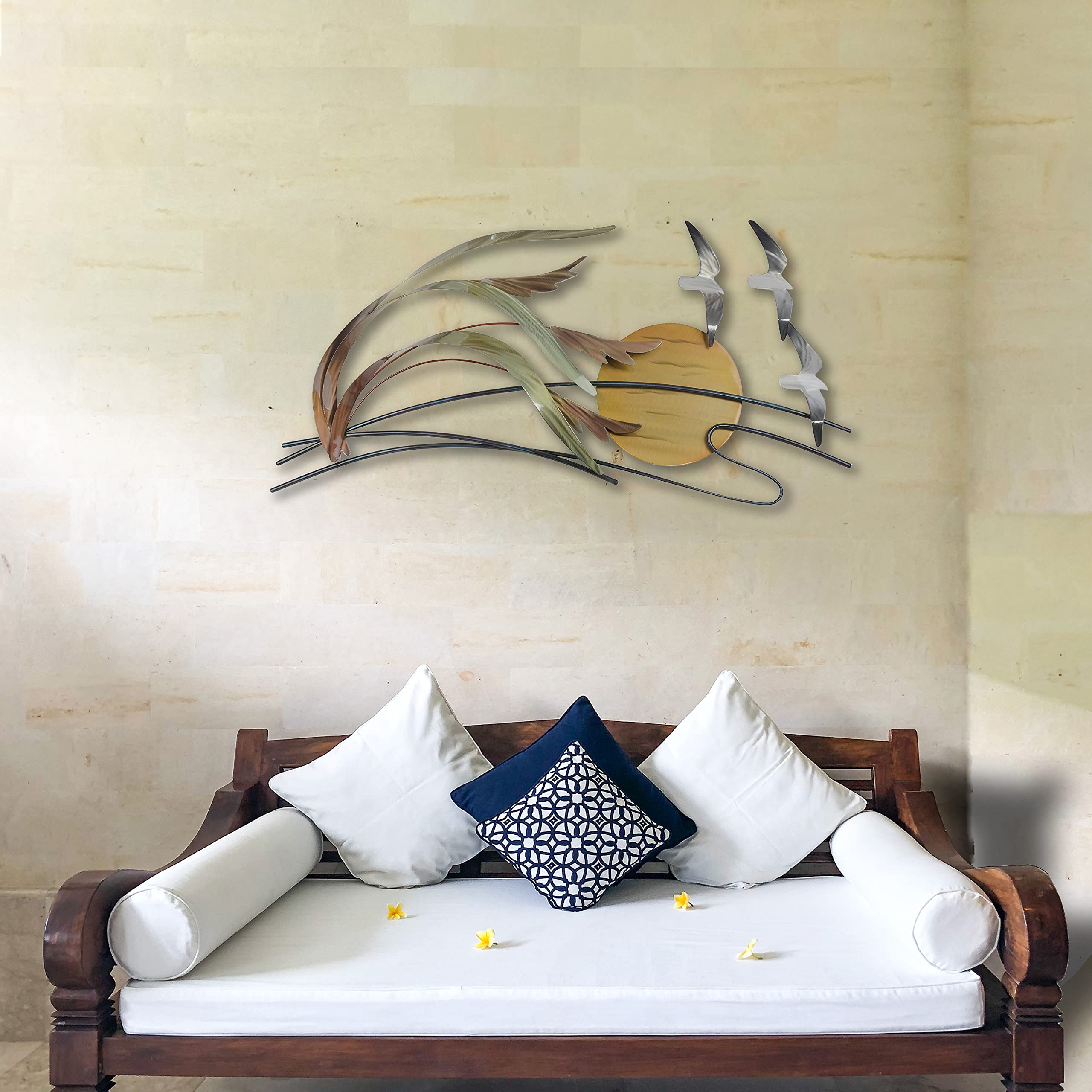 T.I. Design Seagulls and Sea Oats with Sun | Contemporary Coastal Beach Handmade Stainless Steel Metal Wall Decor