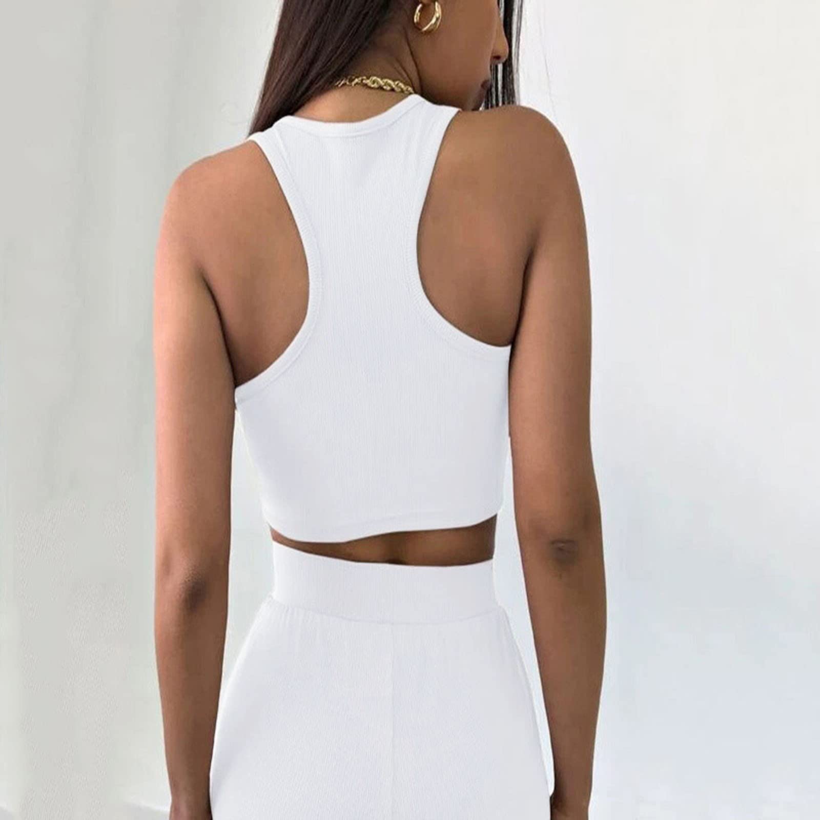 Women 2 Piece Solid Color Workout Set Casual High Waist Running Short Yoga Sport Vest Exercise Outfits Drawstring Sets White