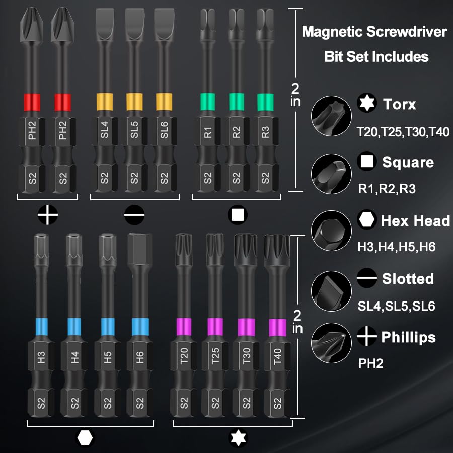 t25 torx bits for impact driver,SuSuMu 20 Pieces T25 2 In. Impact Tough Magnetic #25 Torx Head Power Bits, S2 Alloy Steel T25 Screwdriver Bits Set