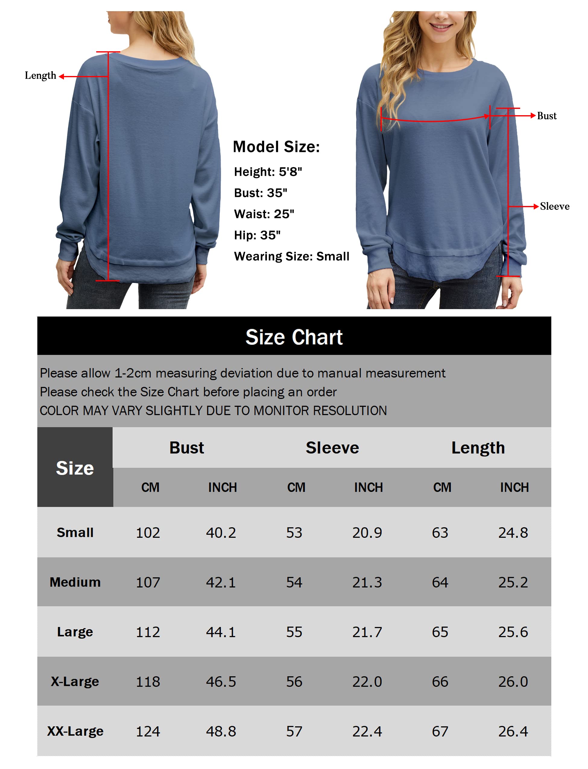 Women’s Long Sleeve Casual Sweatshirt Relaxed Loose Fitted Tunic Tops Pullover Shirts Blue X-Large