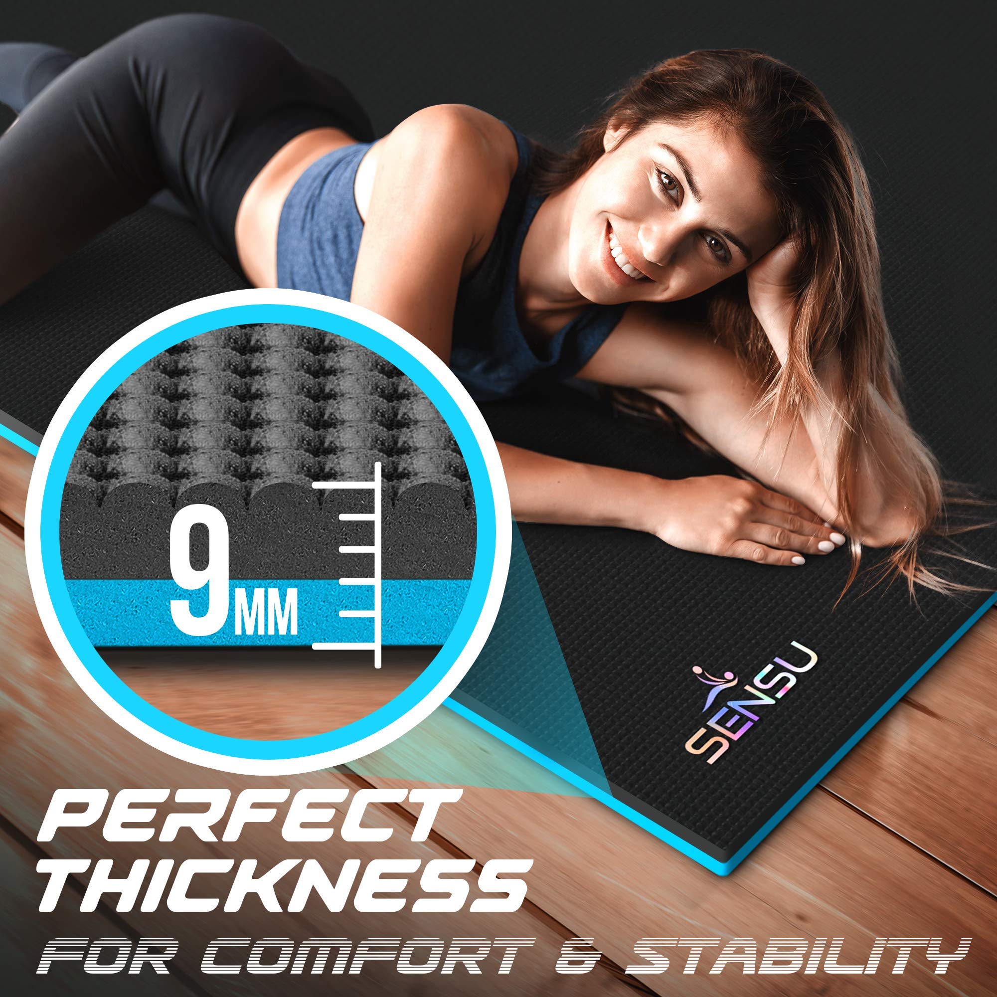 Sensu Large Yoga Mat - 6β x 4β x 9mm Extra Thick Exercise Mat for Yoga, Pilates, Stretching, Cardio Home Gym Floor, Non- Slip Anti Tear Eco-Friendly Workout Mat - Use Without Shoes