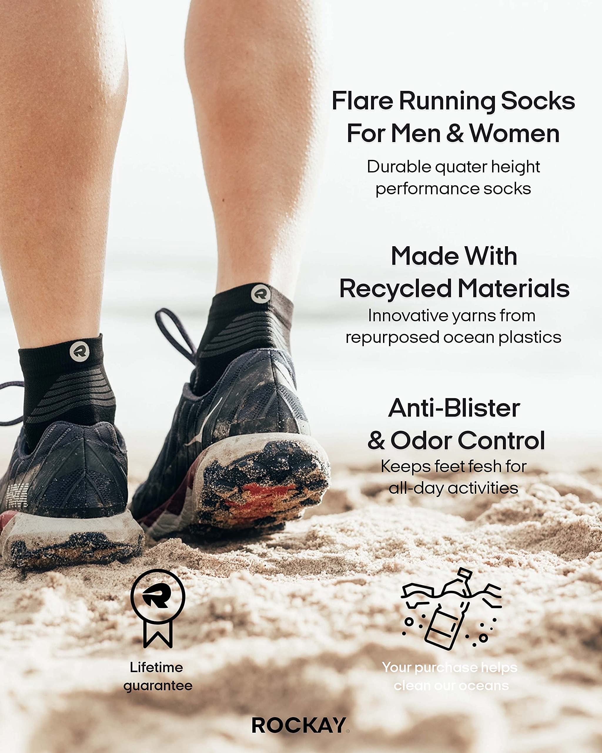 Rockay Flare Running Socks for Men and Women, Cushion, Quarter Cut, Arch Support, 100% Recycled, Anti-Odor (1 Pair)