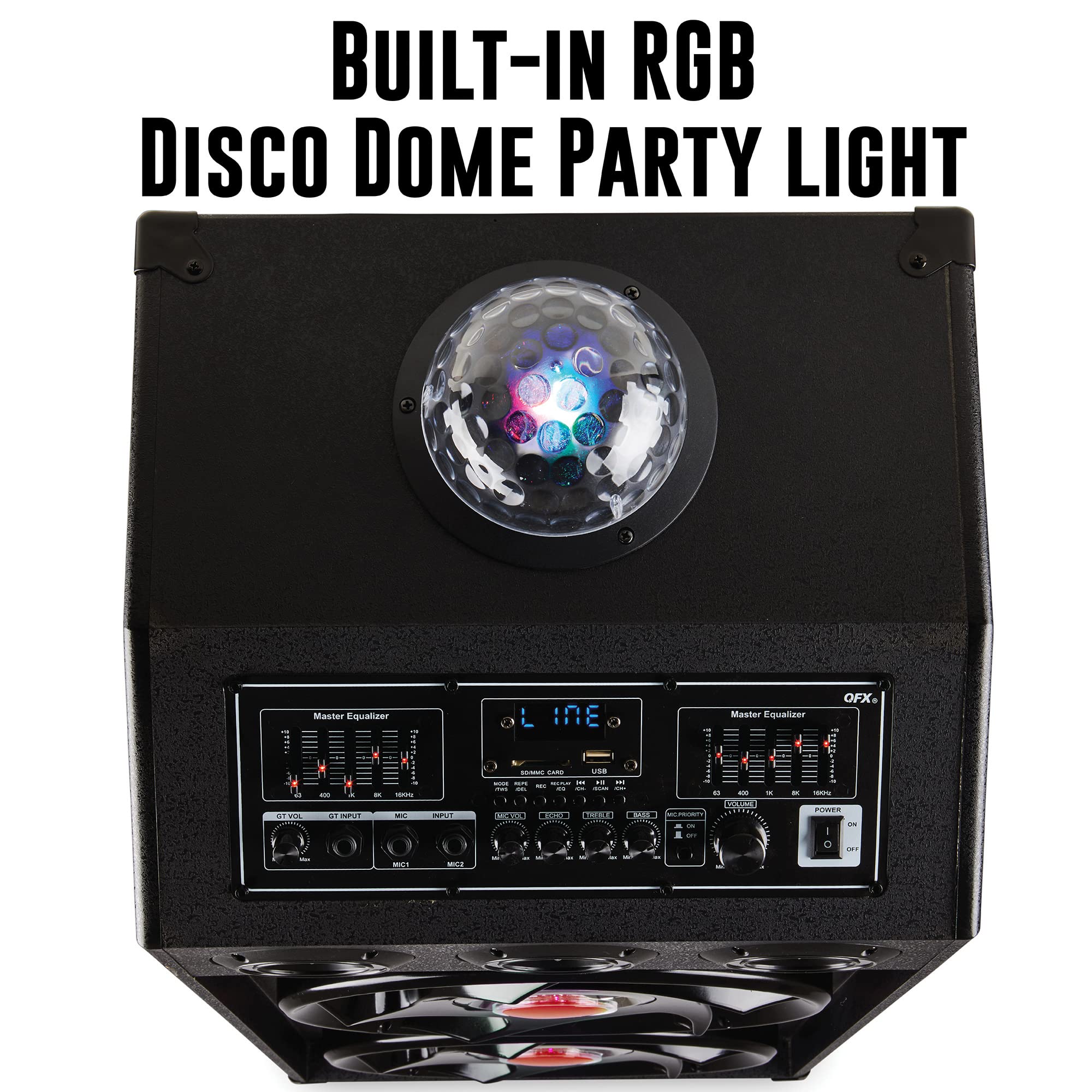 QFX SBX-412207BT TWS Bluetooth Cabinet Speaker with Dual 12" Woofers, LED Party Lights, FM Radio, USB/TF Card Ports, Aux Input, Red
