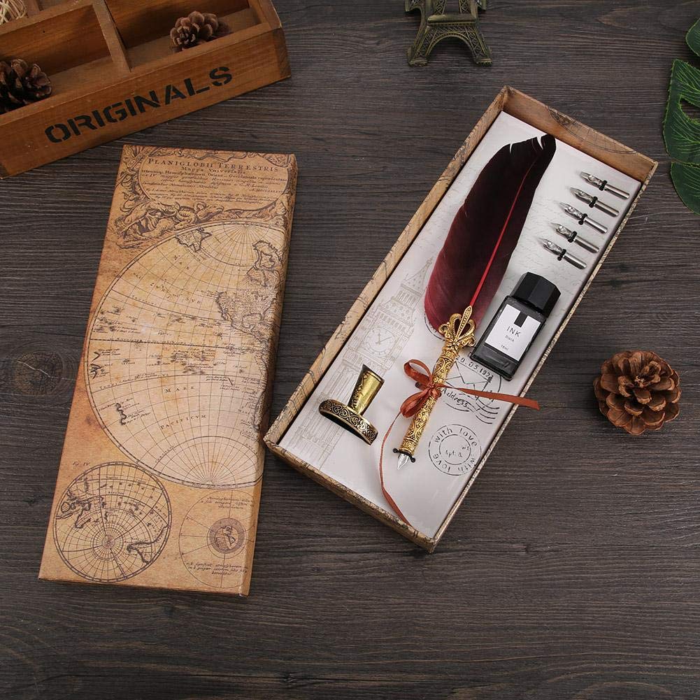 Simlug Calligraphy Pen Feather Quill Pen Set, Vintage Retro Feather Dip Pen Stainless Steel Nibs Calligraphy Writing Ink Pen Gift(Wine Red)
