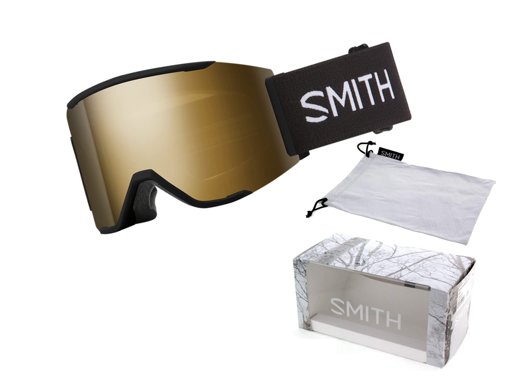 Smith Squad MAG Black/ChromaPop Sun Black Gold Mirror Medium/Large fit Ski Goggles for Men for Women + SMITH Spare ChromaPop Storm Blue Sensor Mirror Lens + BUNDLE with Designer iWear Eyewear Kit