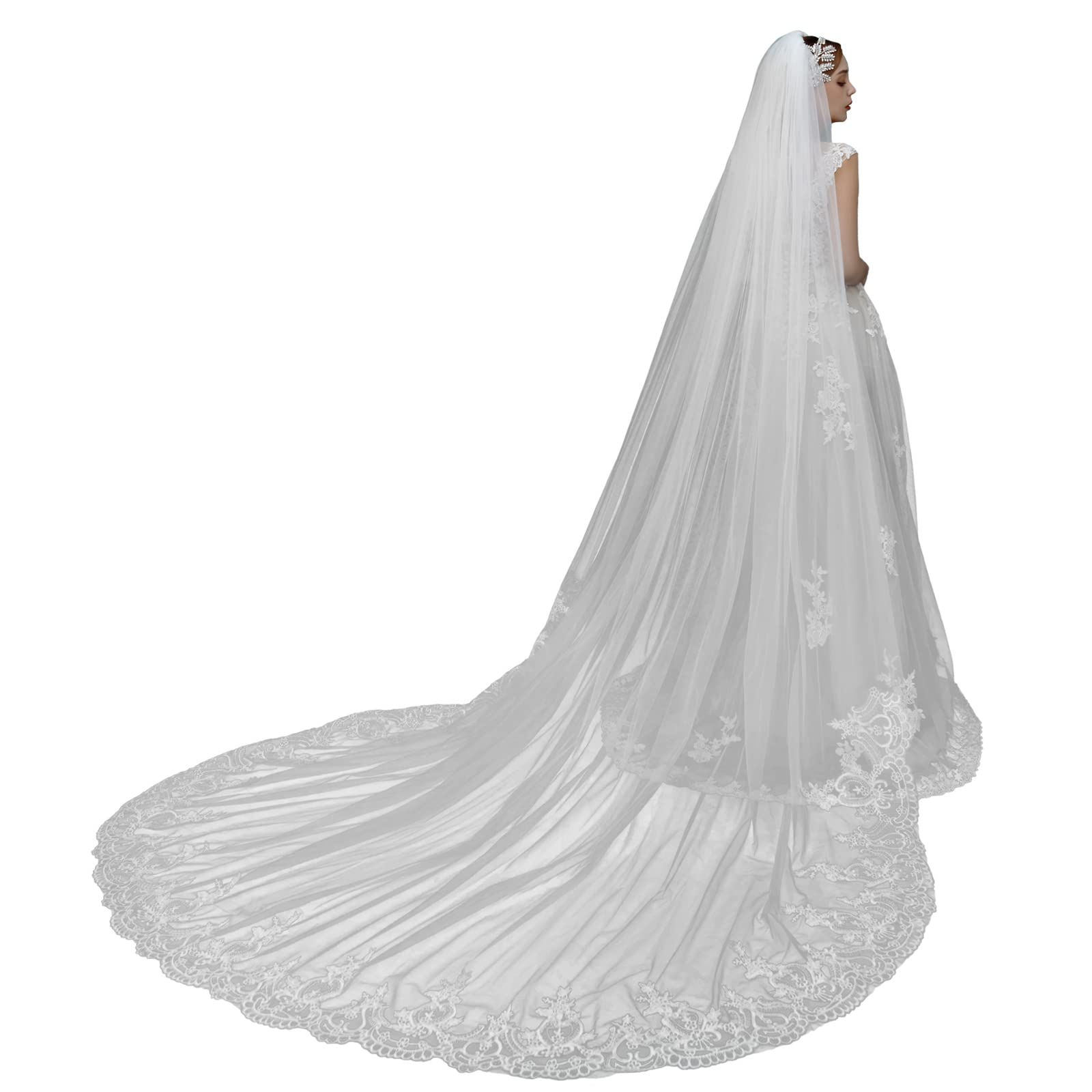 ULAPAN Women's 3M Long Cathedral Lace Wedding Bridal Veil with Comb