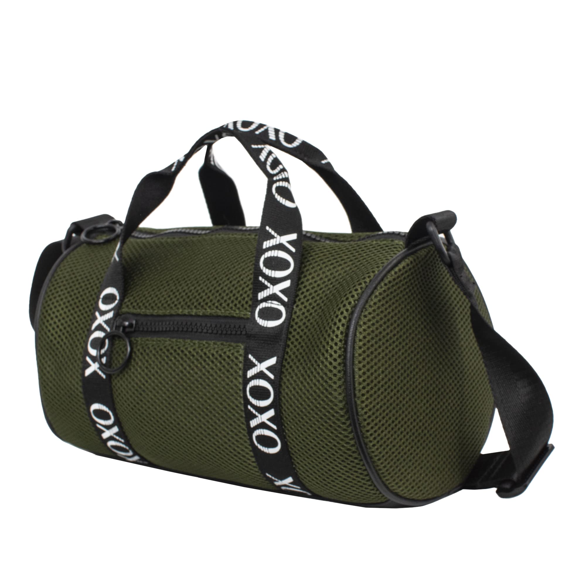 XOXO Women's Fabric Green Mesh Barrel Bag With Dual Top Handles And Adjustable Shoulder Strap