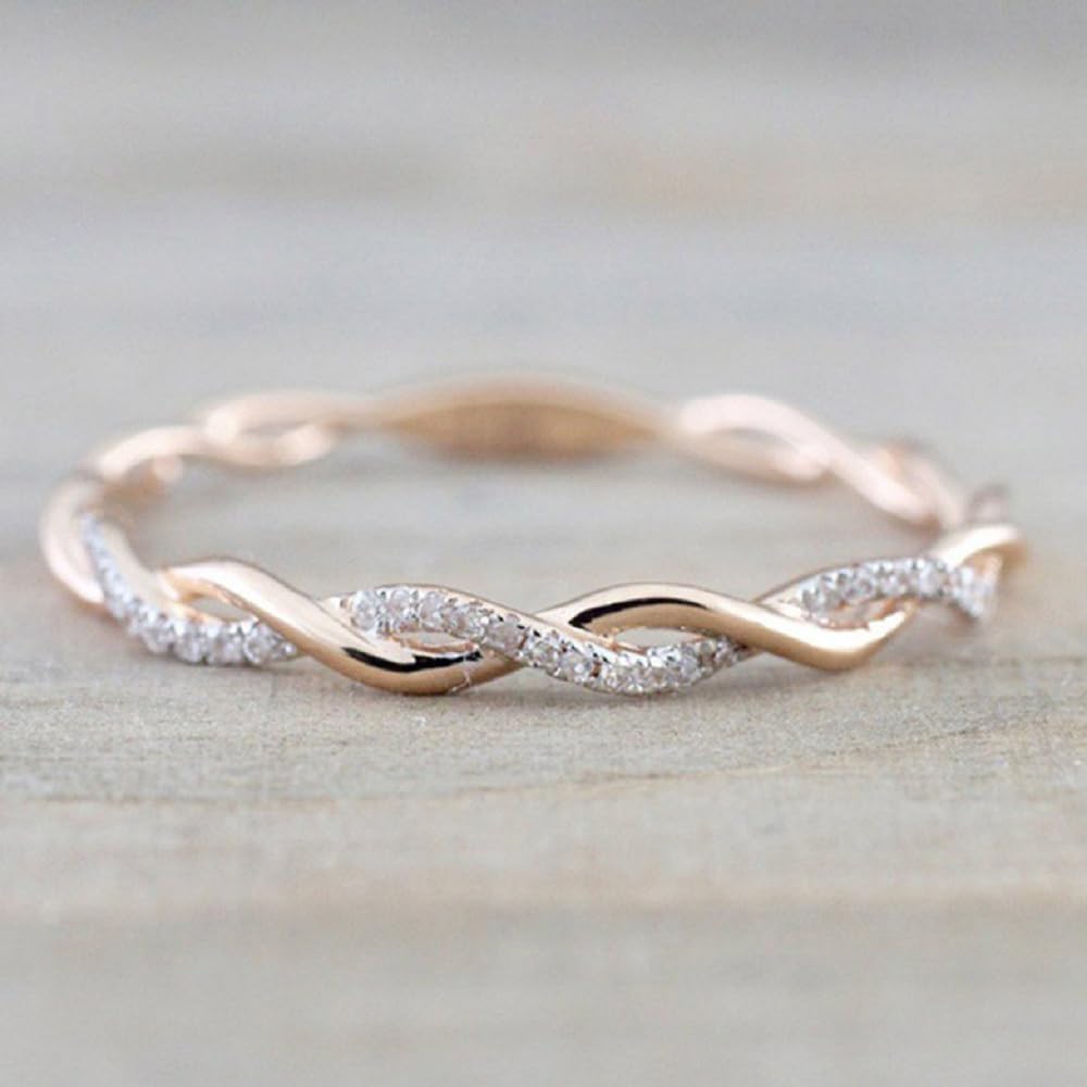 XIALV Rose Gold Plating Twist Braided Knot Ring Band CZ Cubic Zirconia Stackable Rings Diamond Eternity Promise Thin Rings for Women (US code 10)