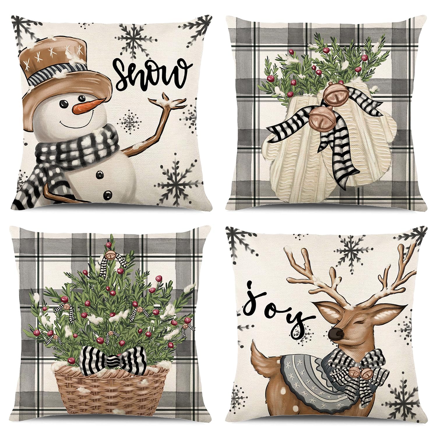 ONFAON Christmas Decorations - Christmas Pillow Covers 18x18 Set of 4, Holiday Christmas Decor Home Sofa Couch Cushion Indoor Decorations