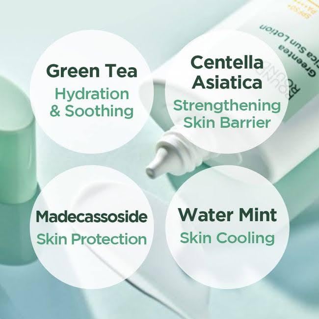 ROUND A'ROUND Green Tea Cica Sun Lotion SPF 50 (3.38 oz, 100ml) | Reef Safe, Daily, UV Protection, No White Cast, Moisturizing, Soothing, Weightless Sunscreen