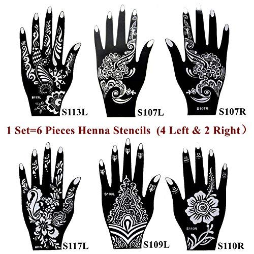 Xmasir 6 Sheets India Henna Tattoo Stencil Kit for Women Girl Hand Art Painting Temporary Tattoo Sticker Glitter Templates 7.87'' x 4''
