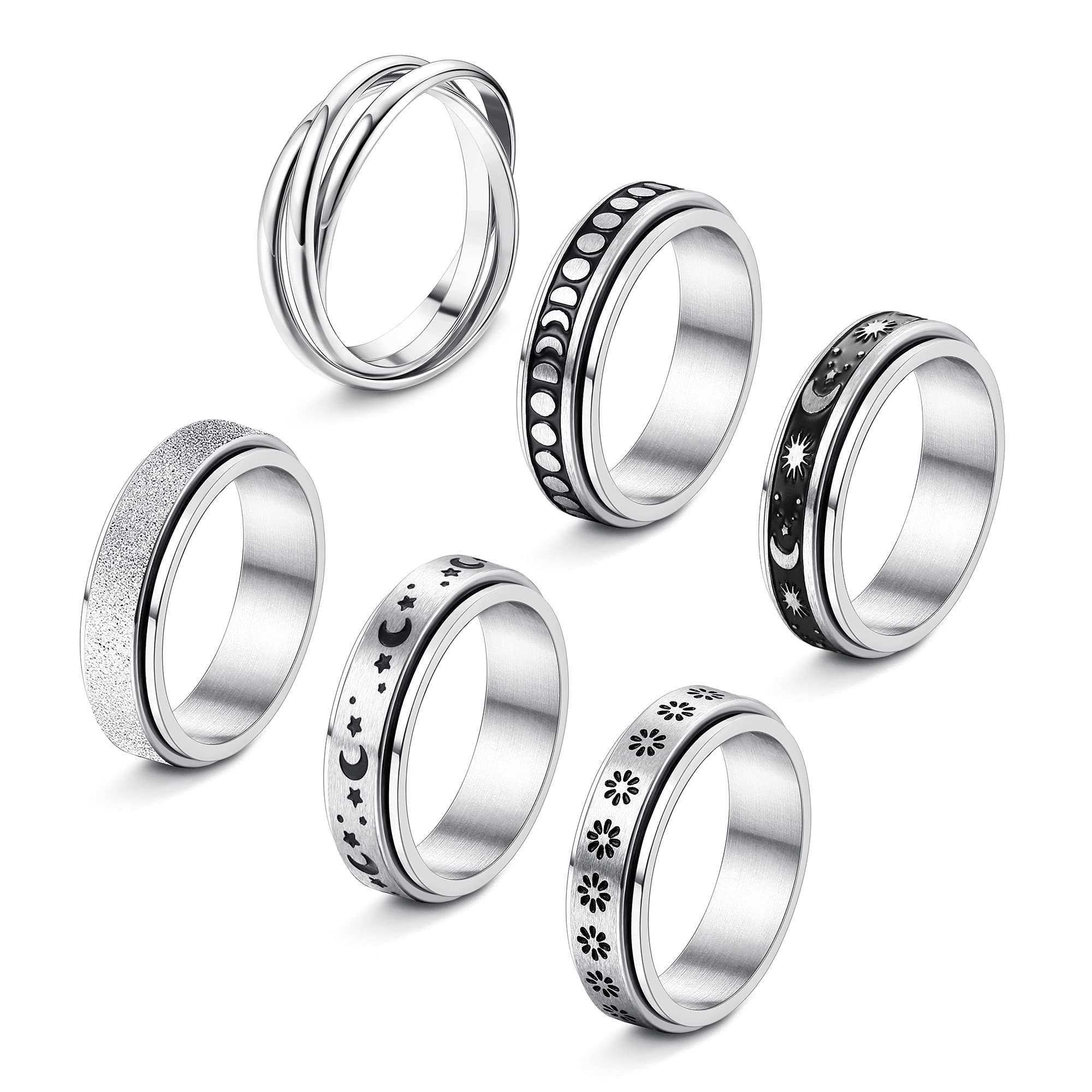 Subiceto 6 Pcs Spinner Rings for Women Stainless Steel Fidget Band Rings Set Moon Star Flower Sand Blast Finish Womens Ring for Stress Relieving Wedding Size 7