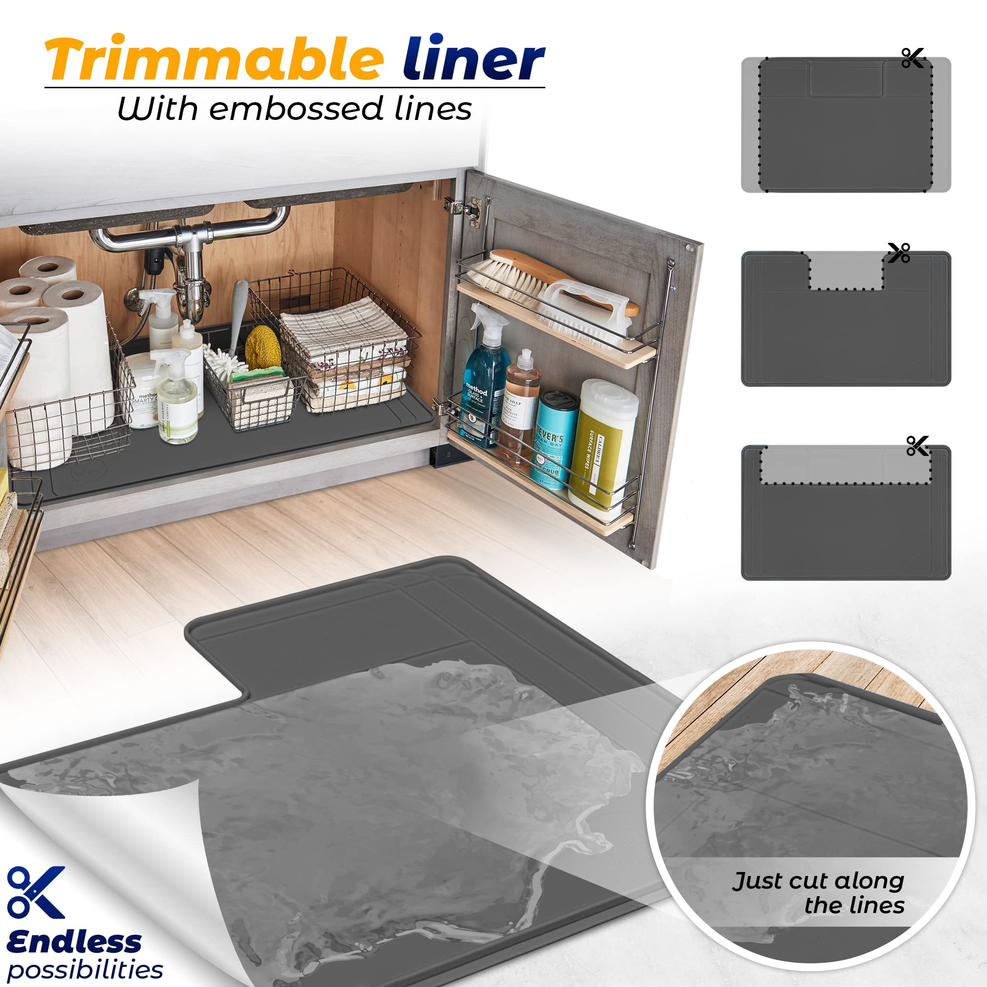 The Original Under Sink Mat - Silicone Waterproof mat, Adjustable, Easy to Clean, Kitchen cabinet liner, Disifenction Surface - 34" x 22" or smaller
