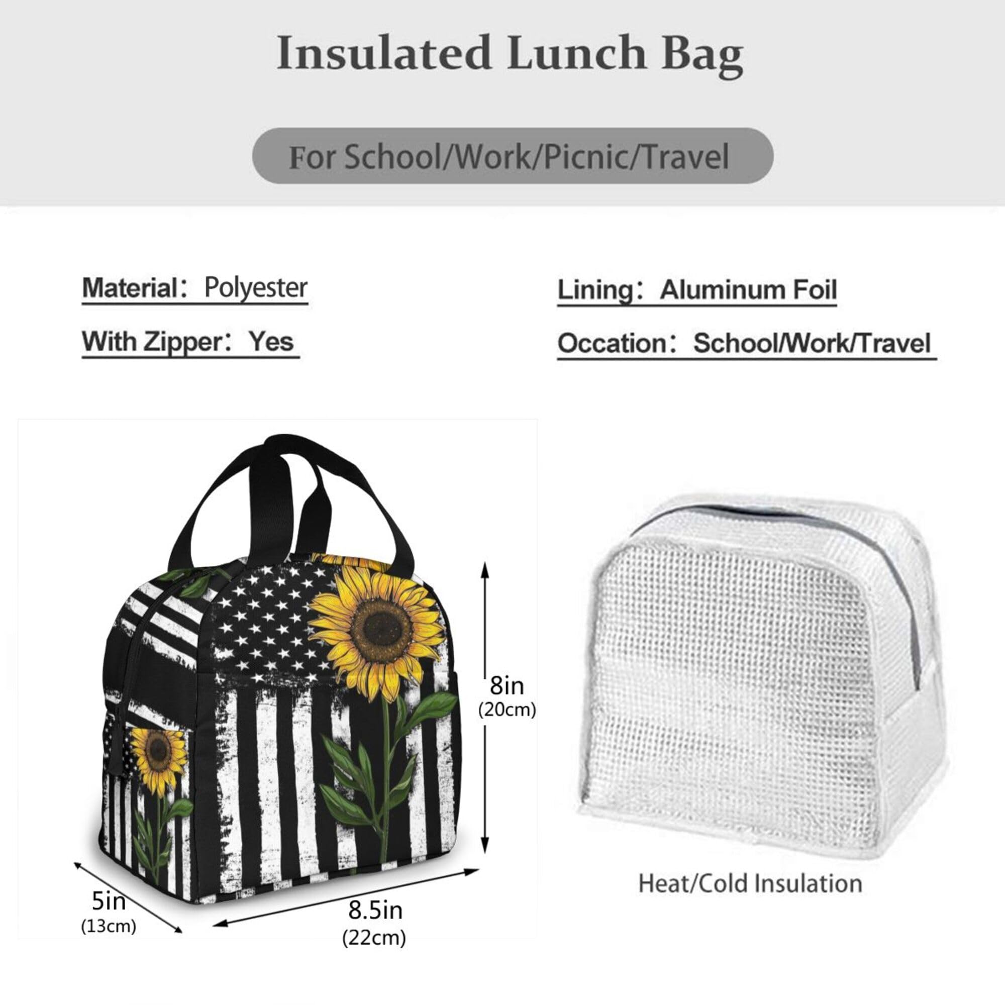 Sunflower And American Flag Insulated Lunch Bag Lunch Box Lunch Tote Cooler Reusable Lunch Pail Outdoors Meal Bag For Men/Womens