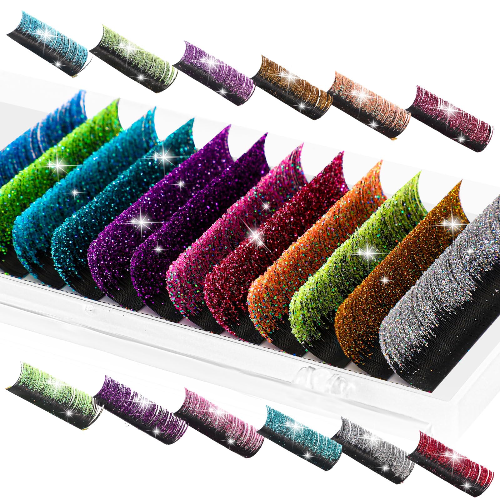 Tioncy 12 Colors Glitter Lash Extensions, Colored Glitter Eyelashes, DIY Individual Lashes for Stage, Cosplay, Halloween, Christmas, Party, Club, Music Festival Makeup, 0.15 D, 15 mm (Sweet Colors)