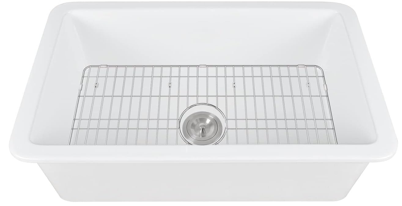 Undermount Kitchen Sink, DeerValley DV-1K513 Glen 30" L x 20" W White Single Bowl Kitchen Sink Fireclay Undermount Sink with Sink Grid and Basket Strainer