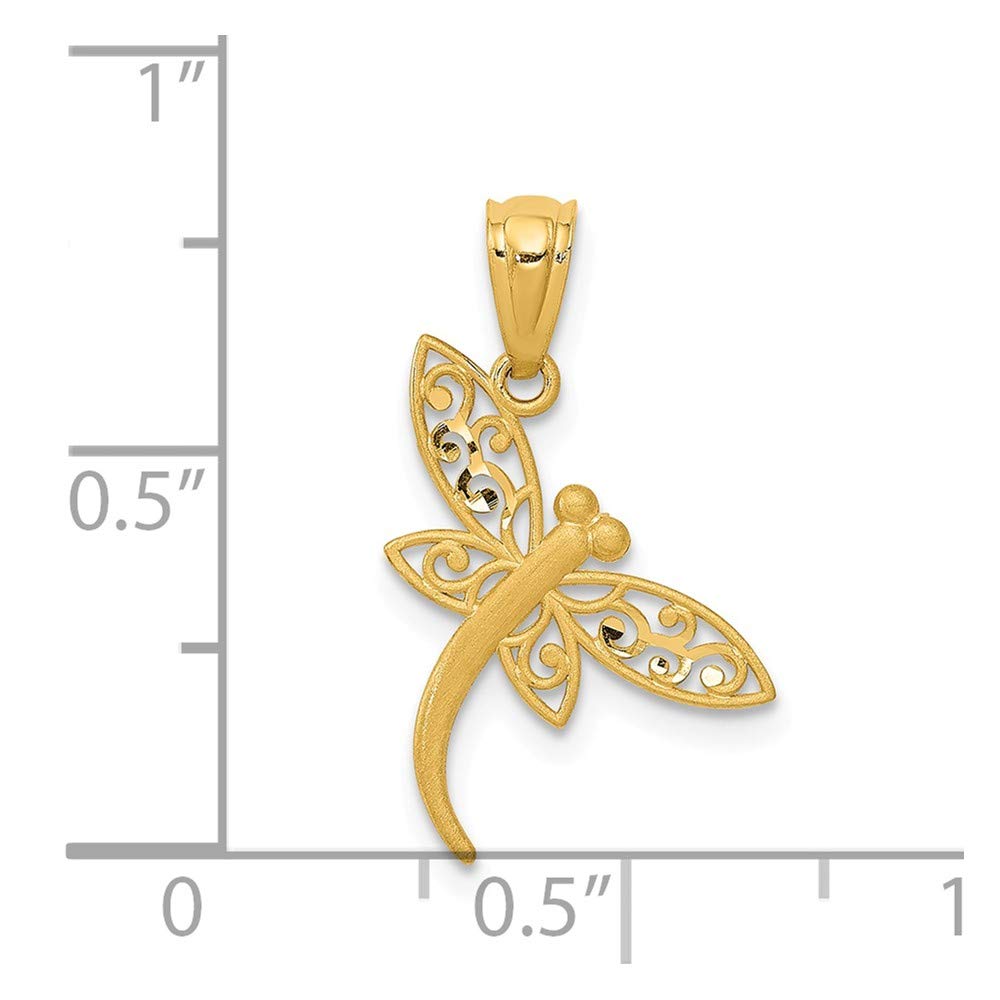Solid 14k Yellow Gold Diamond-cut Dragonfly Brushed Matte Finish Pendant Charm - 21mm x 13mm