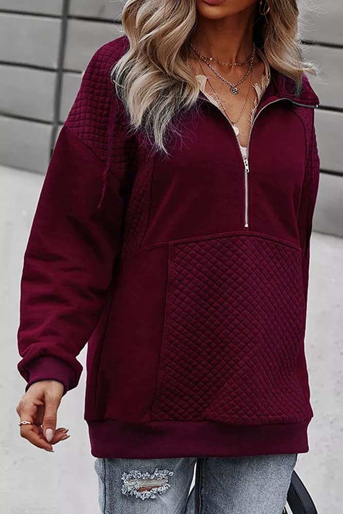 Veatzaer Womens Long Sleeve Zipper V Neck Quilted Pattern Pocket Sweatshirt Casual Ladies Pullovers Shirts Tops Wine Red