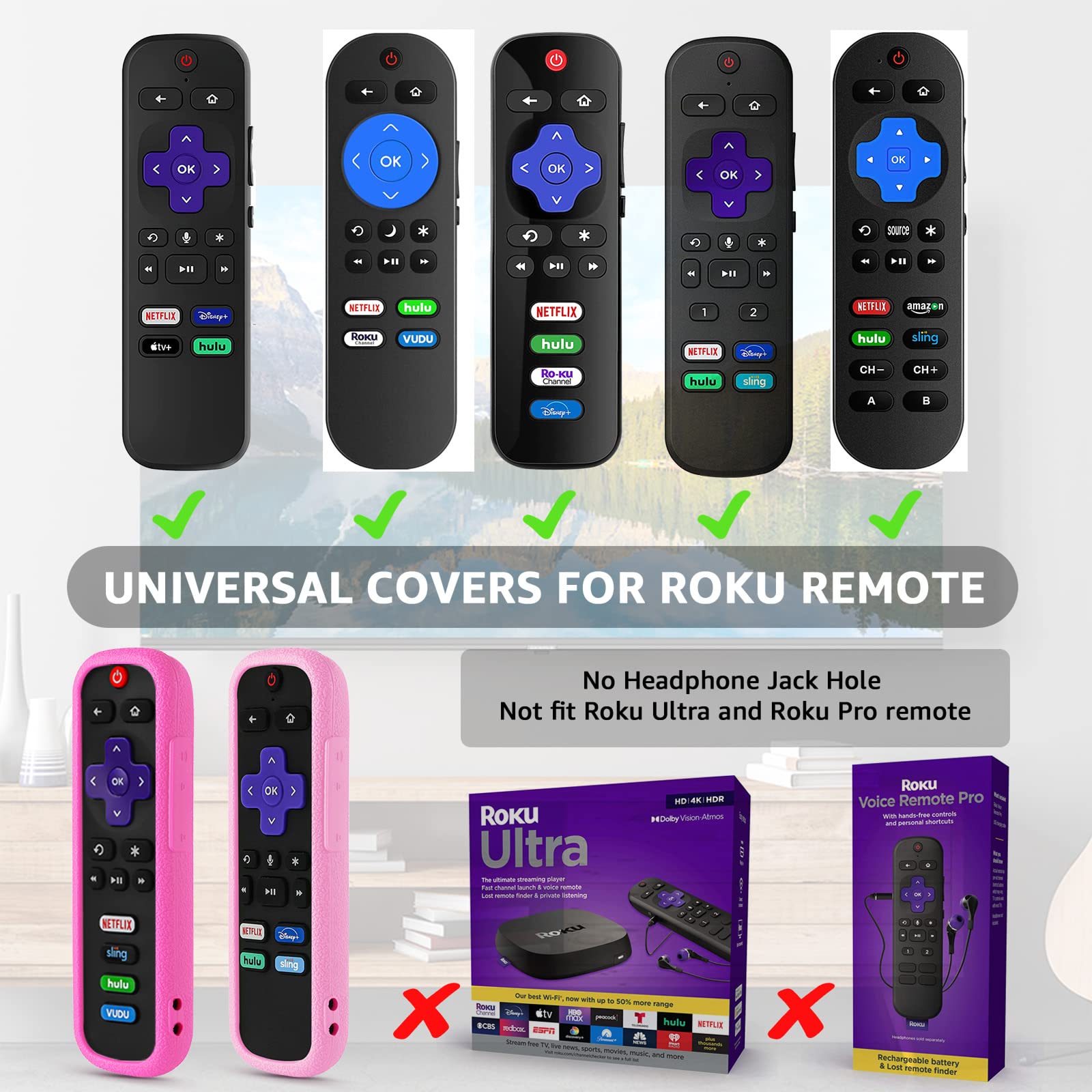 ONEBOM (2 Pack) Roku Remote Cover, Battery Case for TCL Roku Smart TV Steaming Stick Remote, Pink Silicone Roku tv Remote Case Glow in The Dark(Glow Pink+Rose Red)