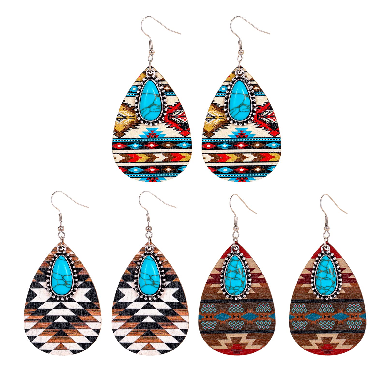 Western Cowgirl Wooden Earrings Set Boho Aztec Pattern Turquoise Earrings Handmade Wood Teardrop Dangle Earrings