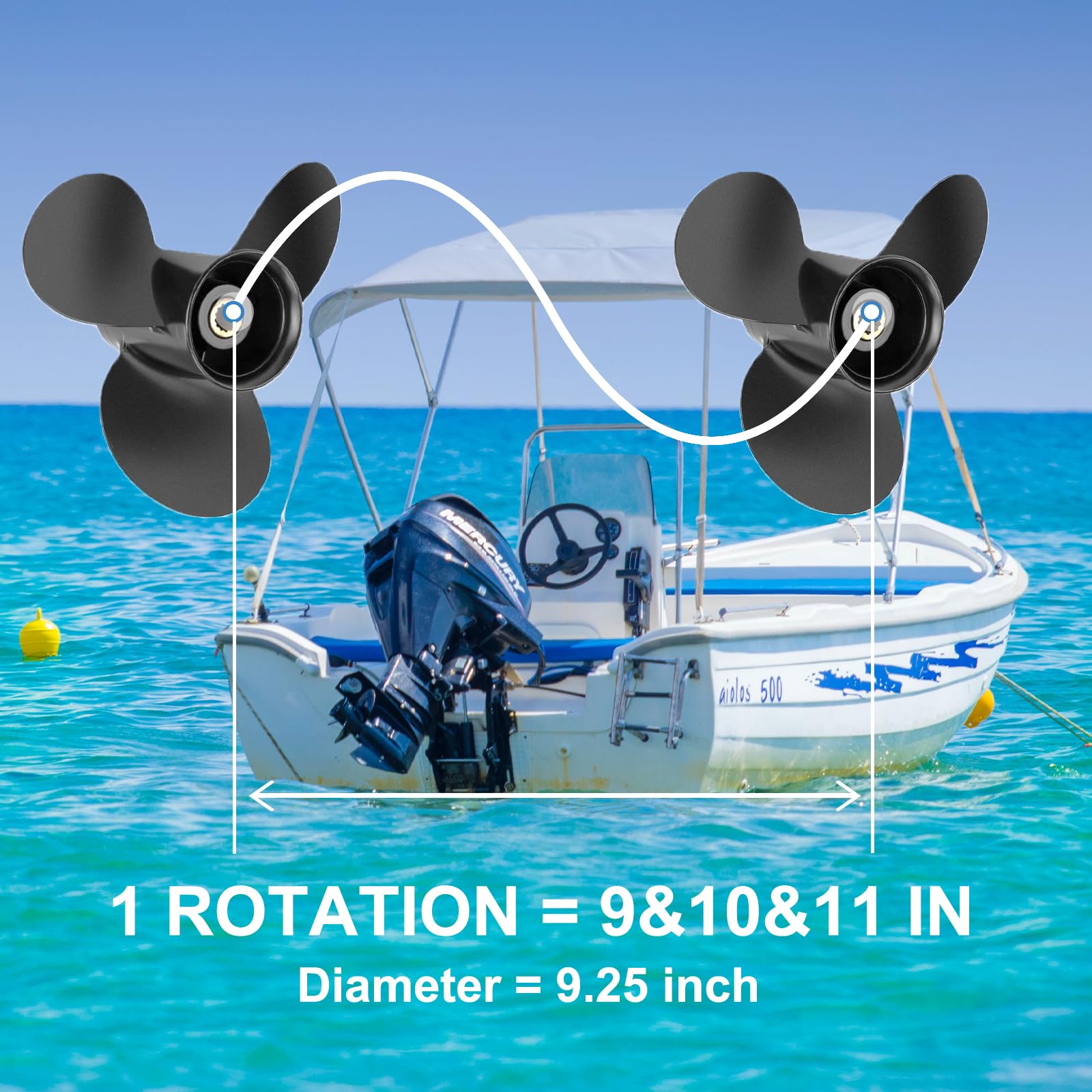 Qiclear 9.25 x 9 &10&11 | 14 Spline Tooth Upgrade Aluminum Outboard Propeller fit Mercury Engines 9.9/15/20HP Tohatsu Engine 9.9HP 15HP 18HP, RH (9.25x10)