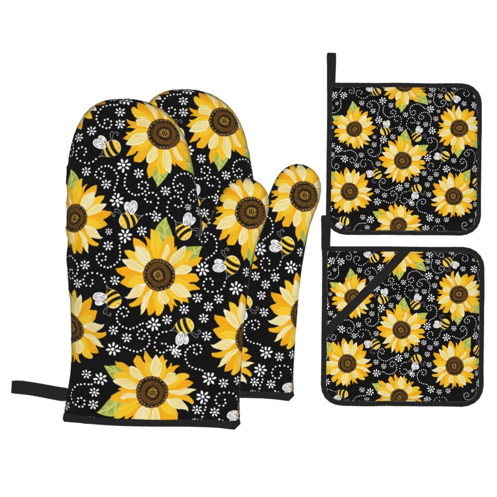 Sunflower Bees Oven Mitts and Pot Holders Sets of 4 High Heat Resistant Oven Mitts with Oven Gloves and Hot Pads Polyester Potholders for Kitchen Baking Grilling BBQ Non-Slip Cooking Mitts