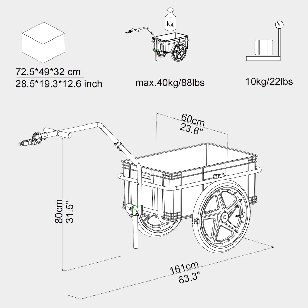 Veelar Tiggo 70L Bike Cargo Trailer & Hand Cart 2 in 1 with Removable Box,Large Cargo Bicyce Carrier