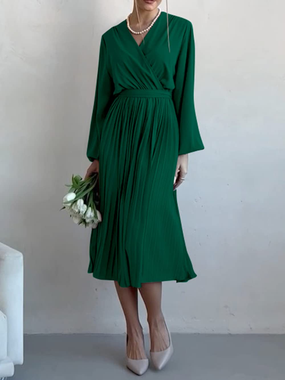 PRETTYGARDEN Women's Spring Midi Dress Long Puff Sleeve Wrap V Neck Flowy Ruffle Pleated Casual Fall Dresses (Dark Green,Medium)