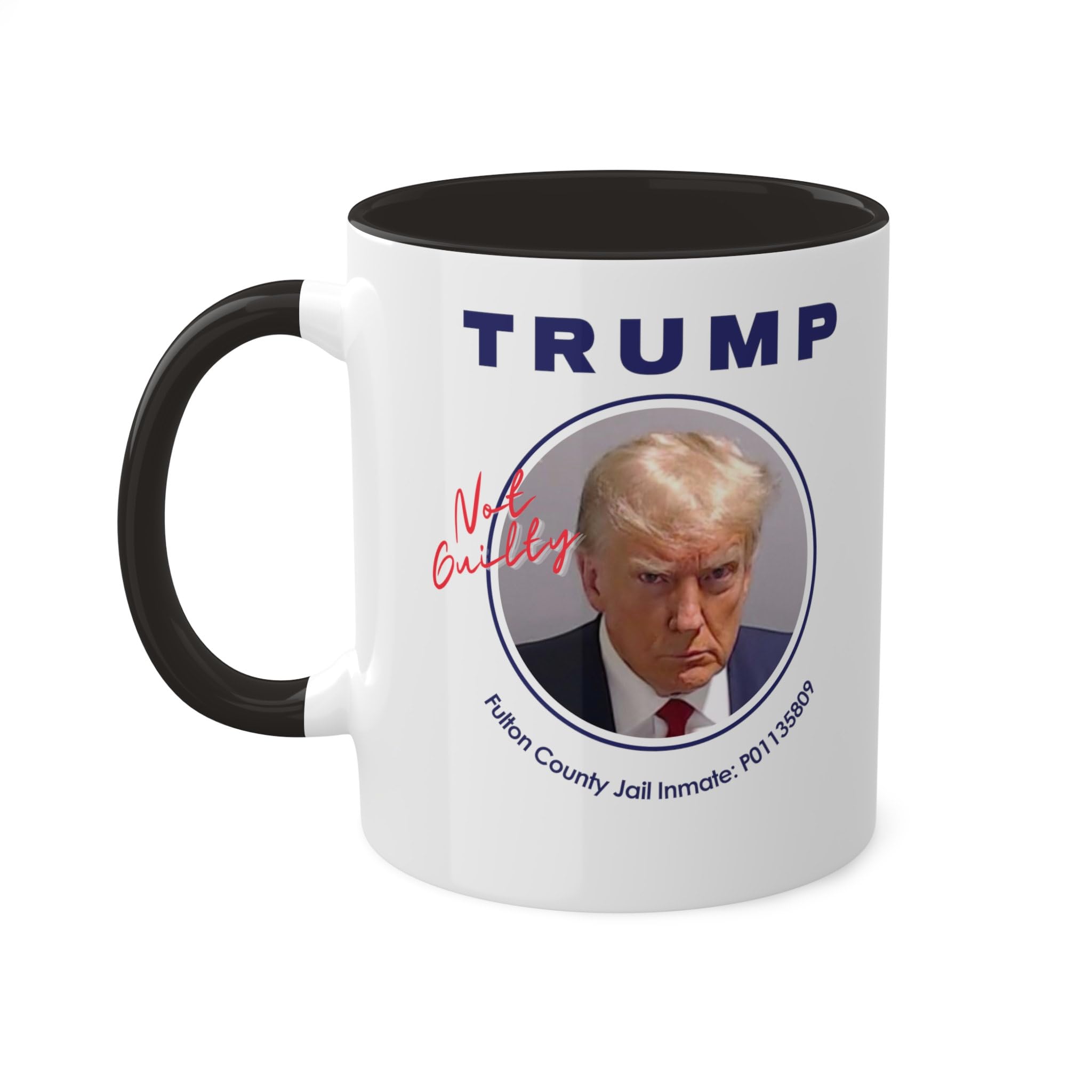 Two Sided 15oz Trump Mugshot Mug - Trump Not Guilty Inmate No. P01135809 Ceramic Coffee Mug - Gift for Any Trump-Loving Conservative (Blue)