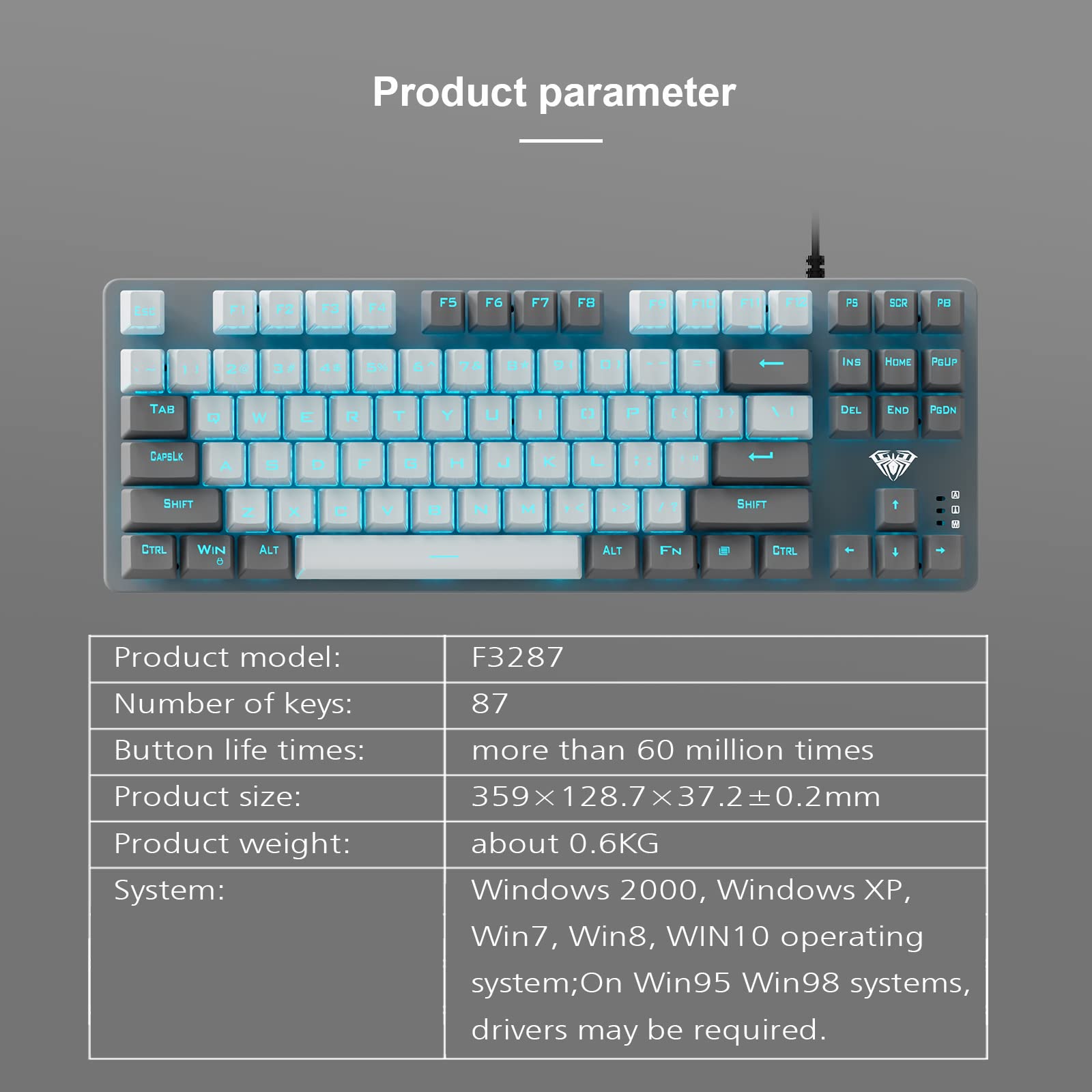 ZDawnn Wired Mechanical Gaming Keyboard Tenkeyless,80% Compact 87 Keys LED Backlight,Hot Swappable Blue Switch TKL Mechanical Keyboard for Computer and Laptop (White/Gray)
