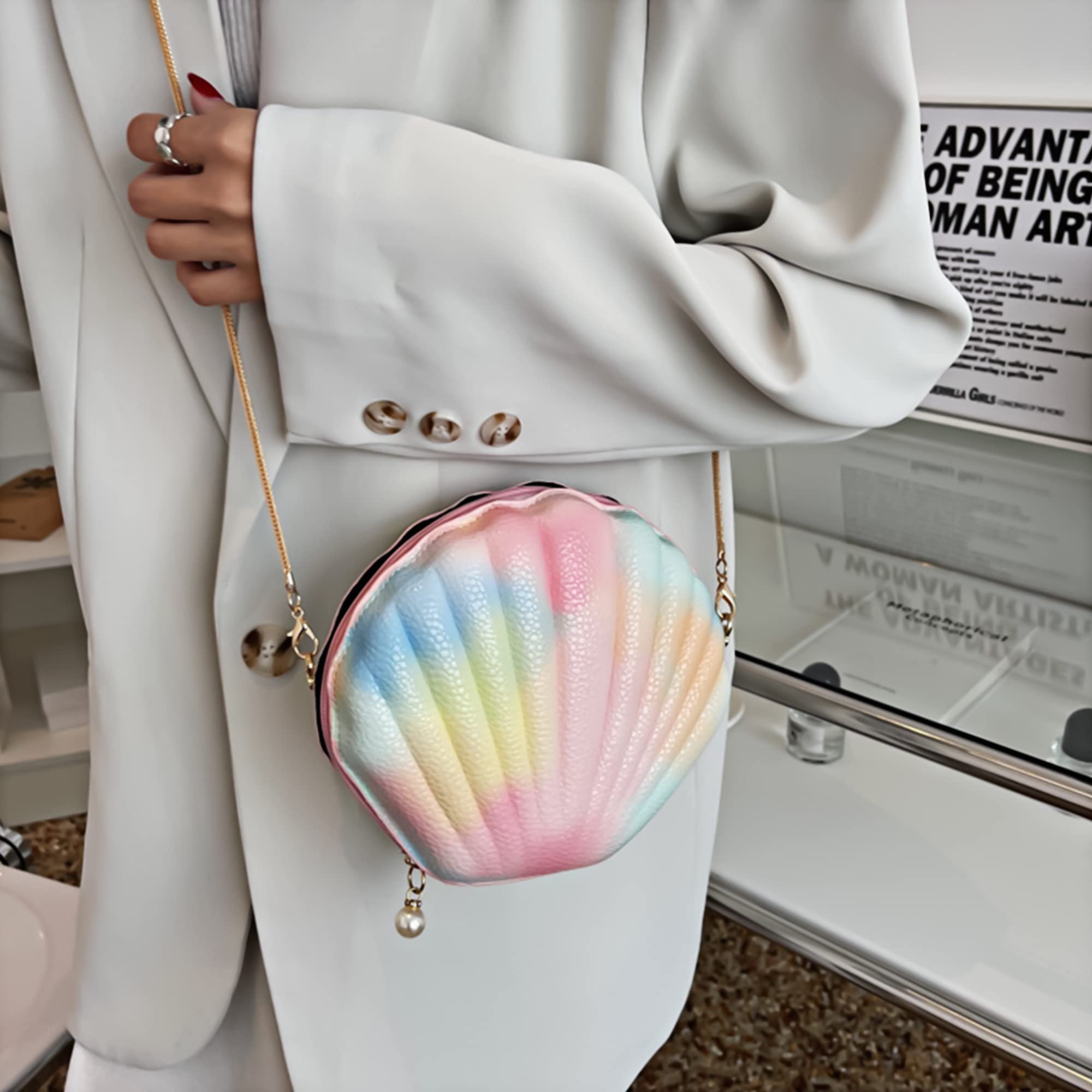 Women Mini Rainbow Seashell Cross-body Bag Chain Strap Shoulder Bag Evening Clutch Handbag