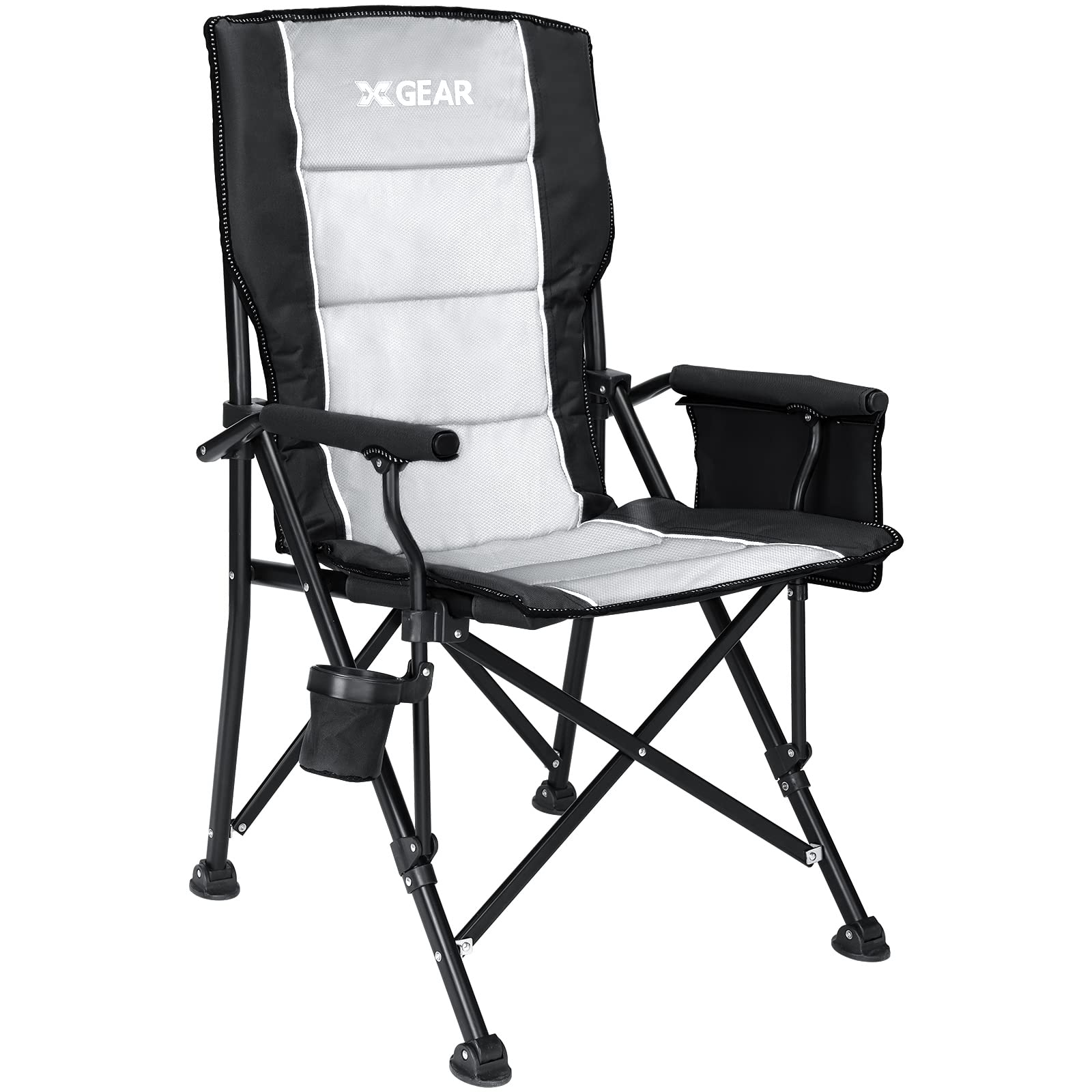 XGEAR Camping Chair High Back Camp Chair with Padded Hard Armrest, Cup Holder and Side Storage Bag Included (Black/Silver)