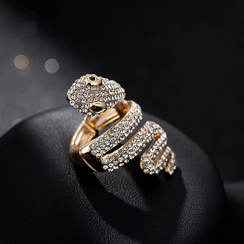 Snake Design Full Rhinestone Gold Plated Free Size Stretch Rings for Women Personalized Ring (Gold Plated)
