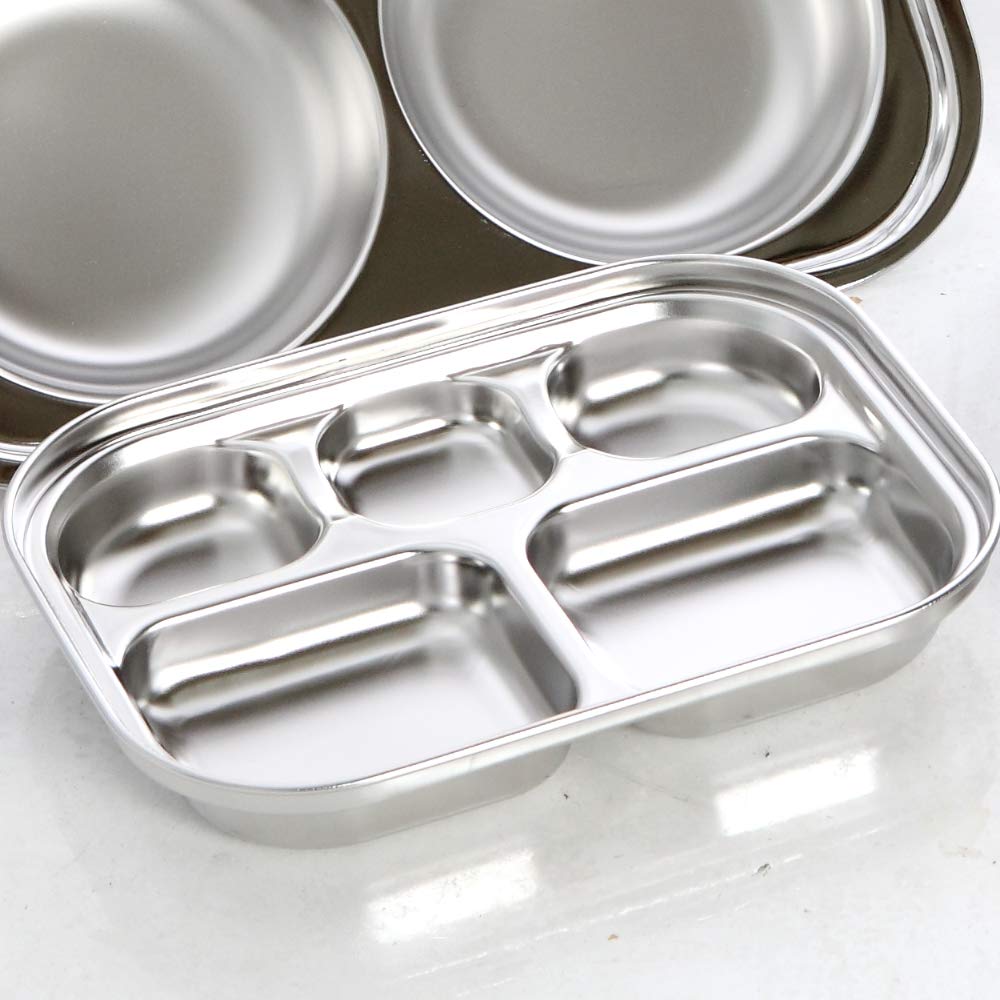 SU company Stainless Steel Divided Tray Divided Plate Diet Plate Diet Food Control Tray 5 Compartment Food Tray 2Pack