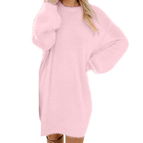 Women Plush Outerwear Dress Solid Color Round Neck Long Sleeve Shift Loose Sweatshirt Dress
