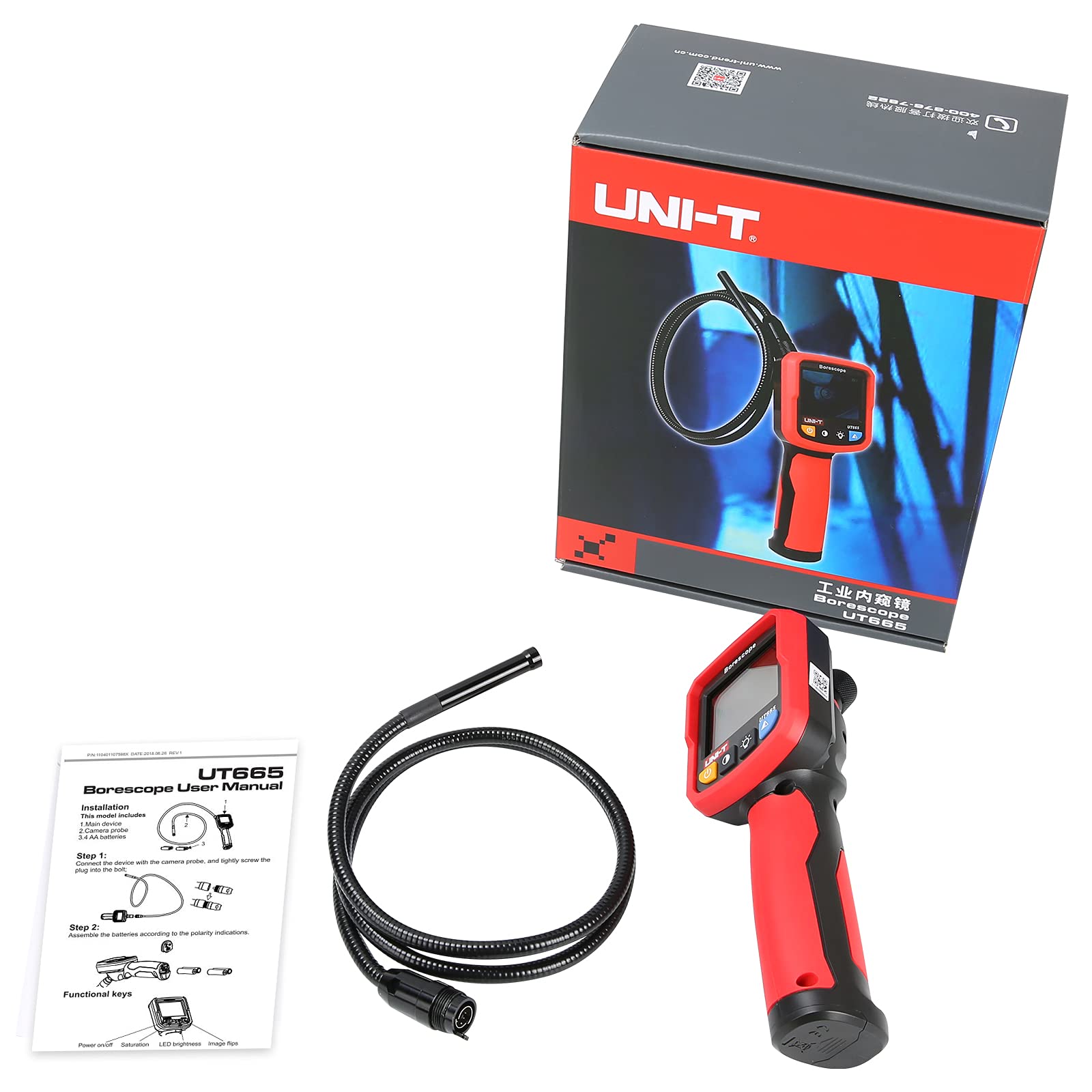 UNI-T Industrial Endoscope UT665 Digital Borescope Sewer Camera for Engine HVAC Chimney Inspection Automotive Maintenance, 4 LED Lights 2.4β Screen Handheld Camera Snake Cable 3.3FT/1M IP67 Waterproof