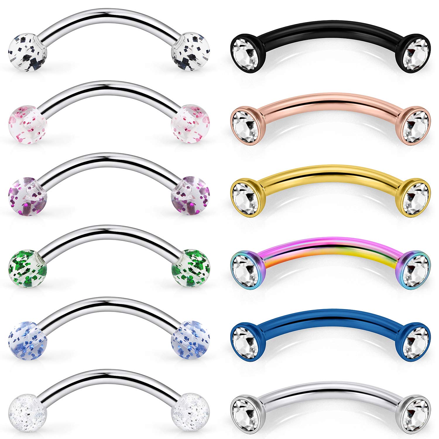 SCERRING 14G Stainless Steel Curved Barbell Snake Eyes Tongue Ring Nipplerings Nipple Rings Piercing Jewelry Retainer Jeweled Clear CZ Gilitter Balls 16mm 12PCS