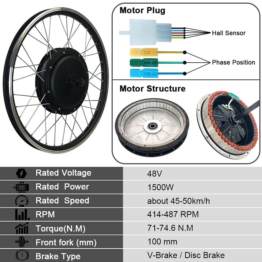 RICETOO 48V 1500W 20"/24"/26"/27.5"/28"/700C Front Wheel Electric Bicycle Conversion Motor Kit with Brushless Gear Hub Motor with KT-LCD3 Display. (48V 20 inch)