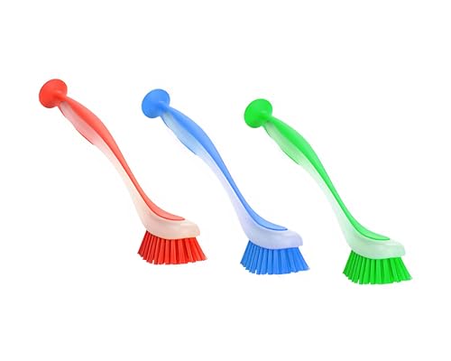 Zuvo Plastic Long Handled Scrubbing Suction Cup, Durable Bristles,Dish Washing Brush.Washing Up Kitchen Brush, Assorted Colour, 5 X 21 X 5 cm-Pack of 3